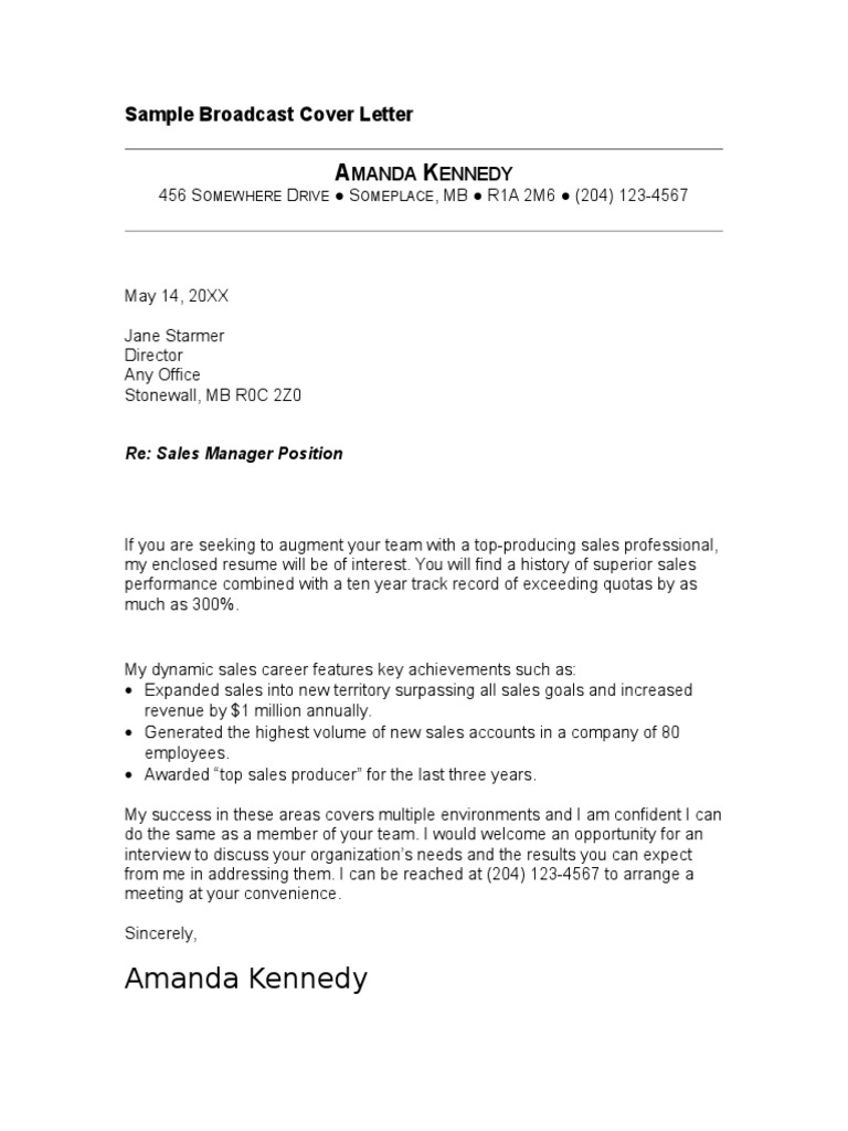 Amanda Kennedy: Sample Broadcast Cover Letter | PDF | Career & Growth
