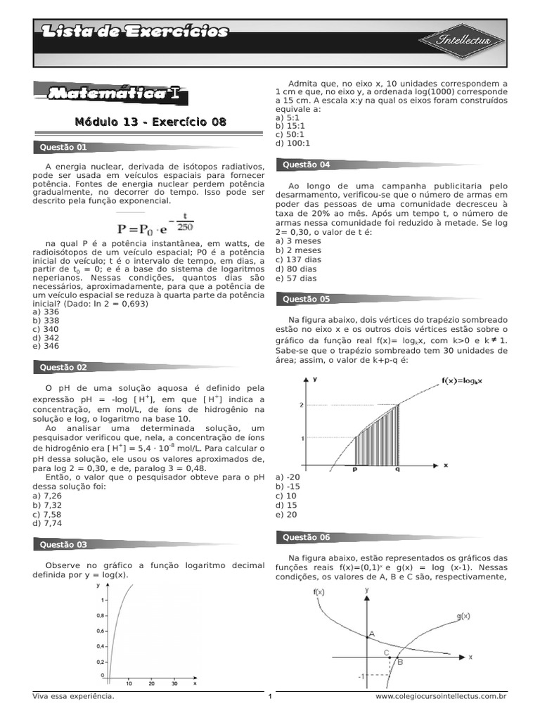 Lista de Exercicios 3 Ano Apostila 02 Matematica I Modulo 13 Exercicio 08 - 2pg | PDF | Ph ...