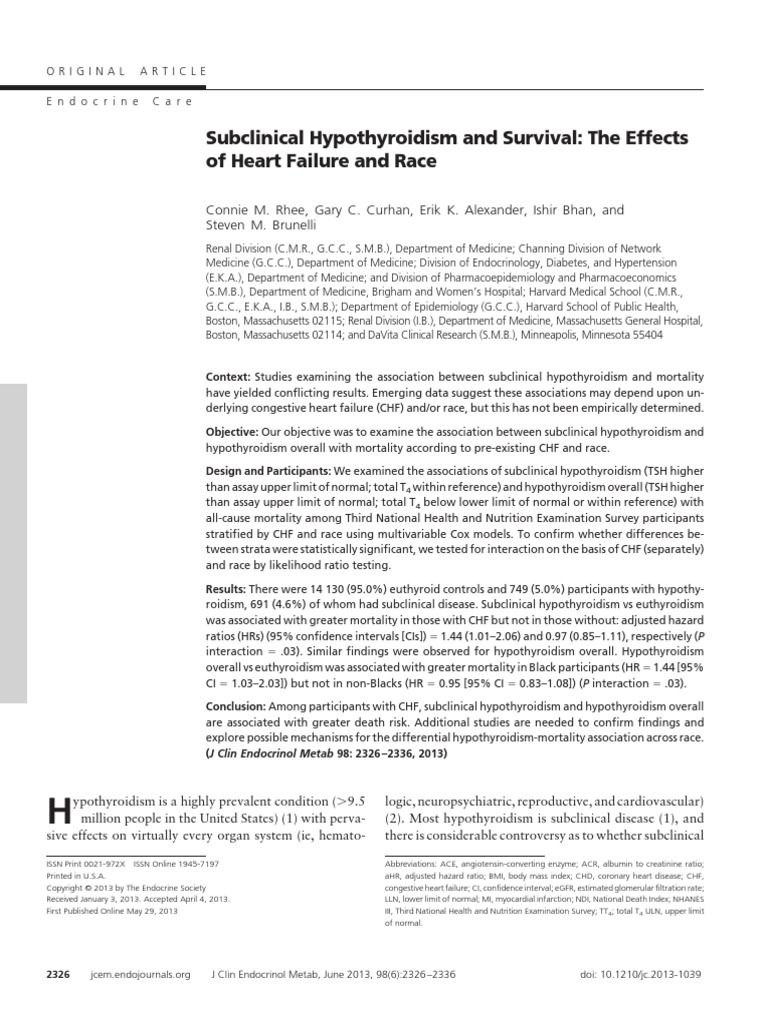 Subclinical Hypothyroidism and Survival The Effects | PDF ...