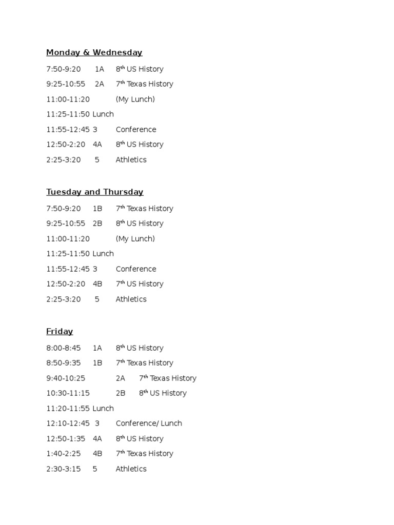 Weekly Class Schedule Overview | PDF | Sports & Recreation | Social Science