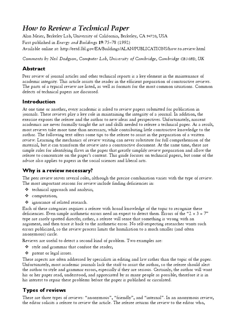 How To Review A Technical Paper: Comments by Neil Dodgson, Computer Lab ...
