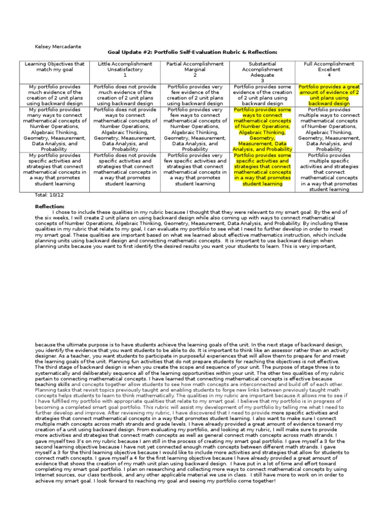 Portfolio Self-Evaluation Rubric & Reflection | PDF | Goal | Rubric ...