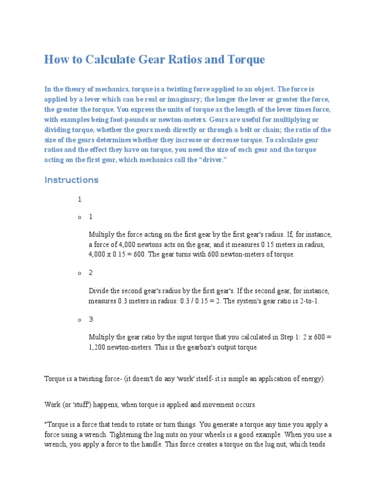How To Calculate Gear Ratios and Torque: Instructions | PDF
