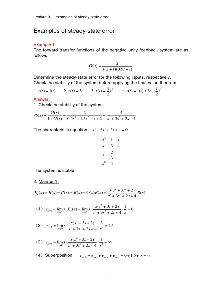 B - Lecture9 Examples of Steady-State Error Automatic Control System | PDF