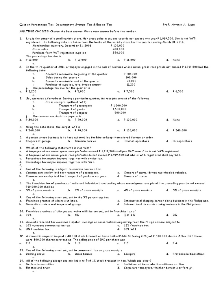 Quiz On Percentage Tax and Documentary Stamps Tax | PDF | Excise | Taxation