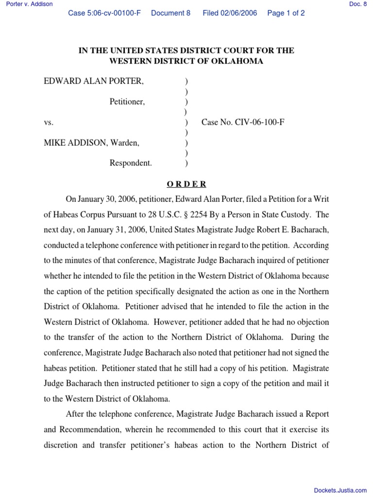 Porter v. Addison - Document No. 8 | PDF | Habeas Corpus | Supreme ...