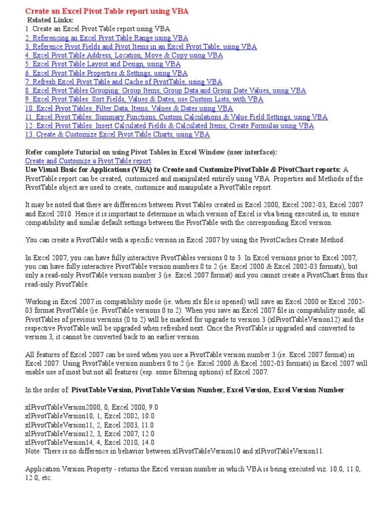 Create An Excel Pivot Table Report Using Vba Pdf Visual Basic For