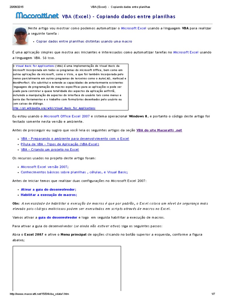 Vba Excel Copiando Dados Entre Planilhas Pdf Visual Basic For Applications Linguagem De 