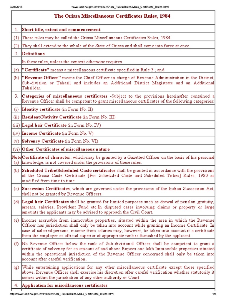 WWW - Odisha.gov - in Revenue Acts Rules Rules Misc Certificate Rules ...