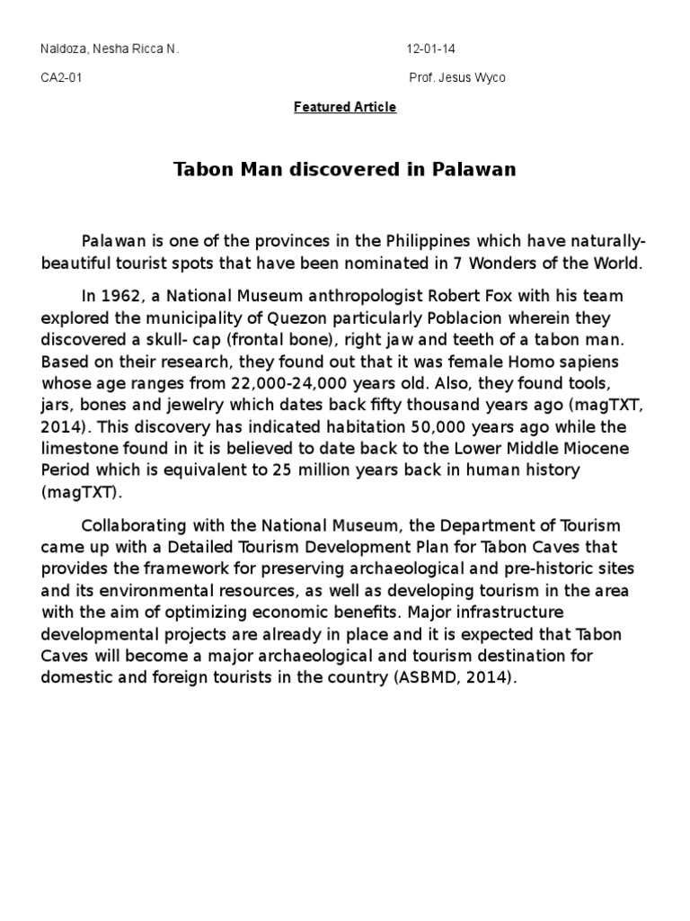 Tabon Man Discovery in Palawan | PDF | Social Science
