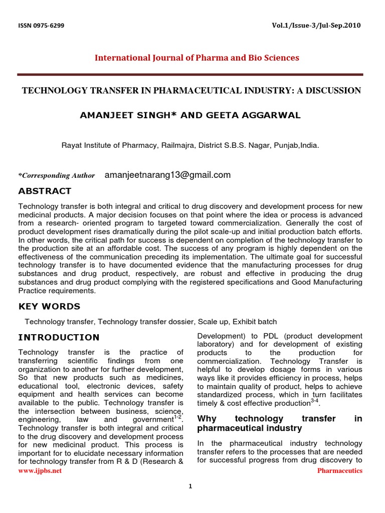 Technology Transfer in Pharmaceutical Industry | Pharmaceutical ...