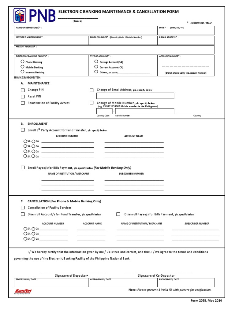 Electronic Banking Maintenance & Cancellation Form | PDF