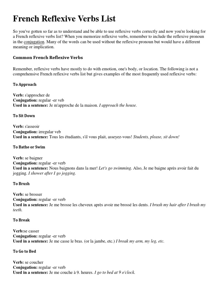 Essential French Reflexive Verbs List | PDF | Grammatical Conjugation ...