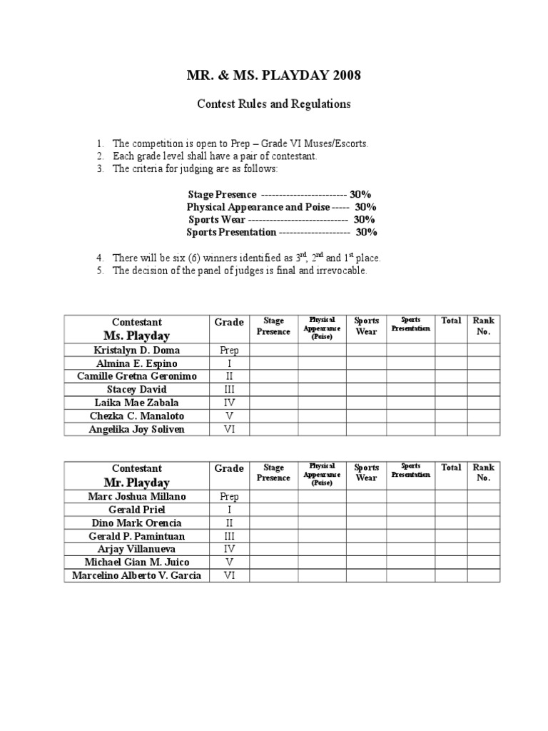 Pageant Judging Form