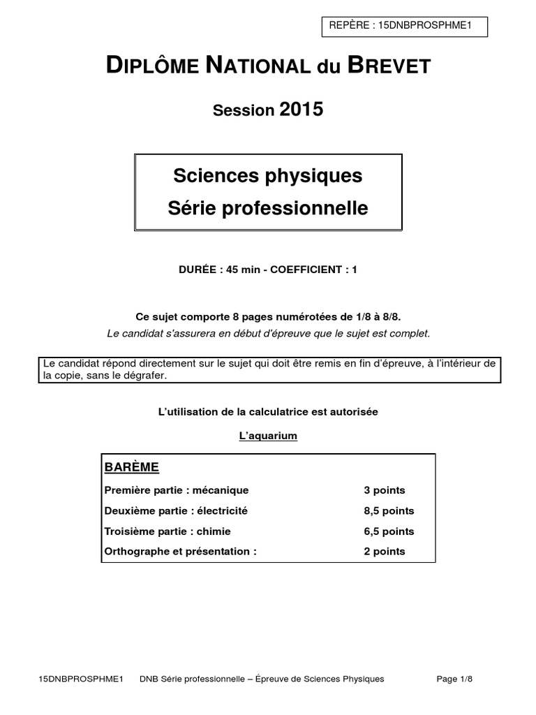 Épreuve de physique-chimie pour la série professionnelle du brevet ...