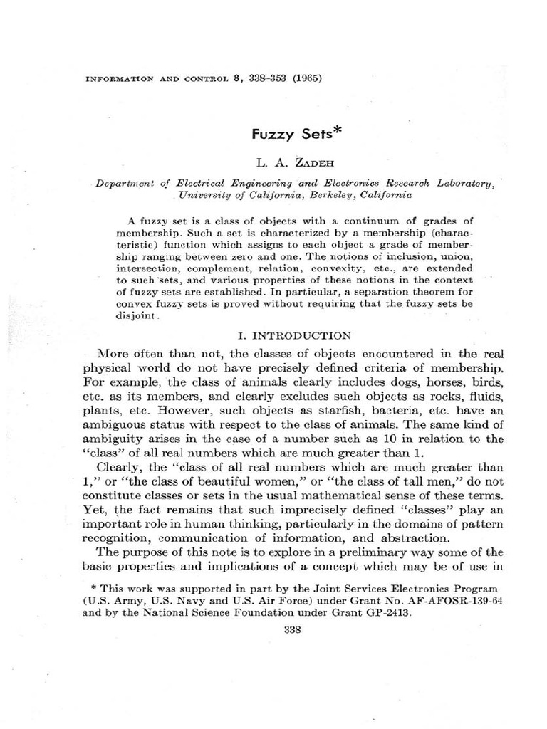 Zadeh's 1965 Fuzzy Sets Concept | PDF | Fuzzy Logic | Function ...
