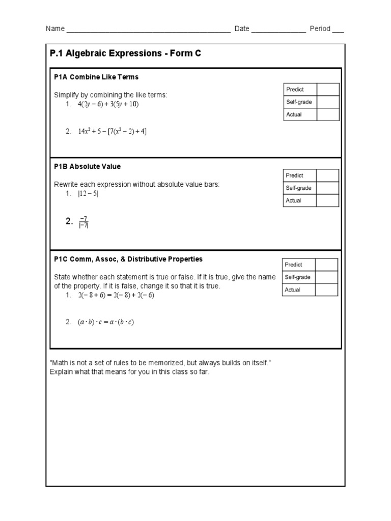 P.1 Algebraic Expressions Form C: P1A Combine Like Terms | PDF