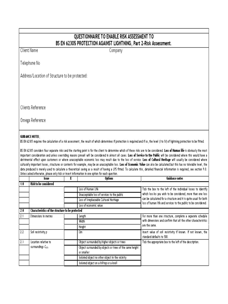 Questionnaire To Enable Risk Assessment To BS EN 62305 PROTECTION ...