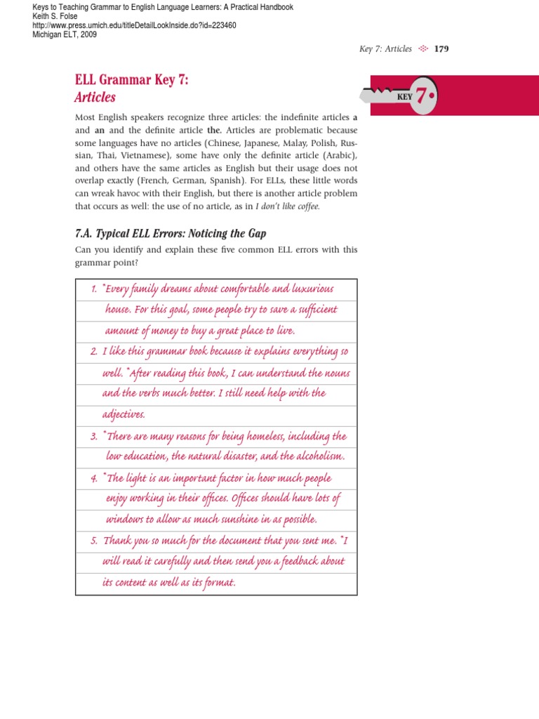ELL Grammar Key 7:: Articles | PDF | English Language | Noun