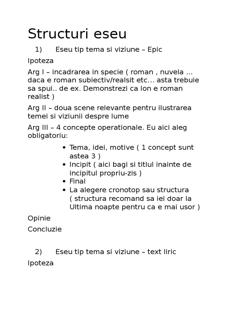 Structuri Eseu Bac Romana | PDF
