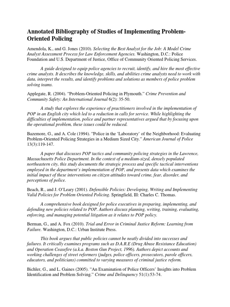 Annotated Bibliography of Studies of Implementing Problem Oriented Policing | PDF | Community ...