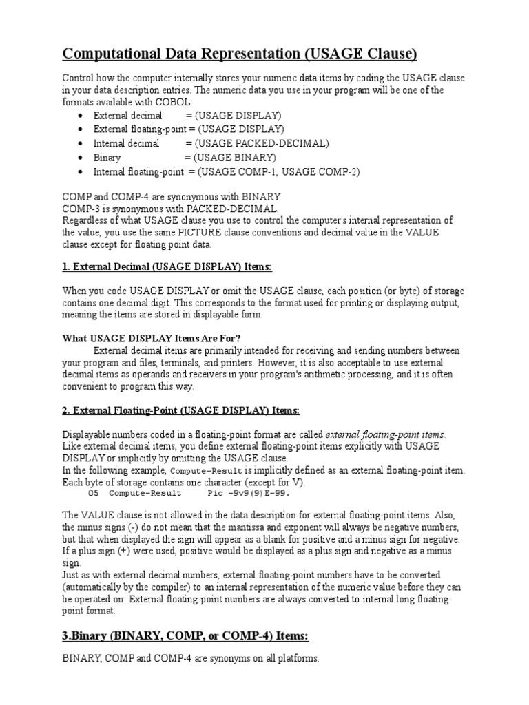USAGE Clause in Cobol | PDF | Binary Coded Decimal | Notation