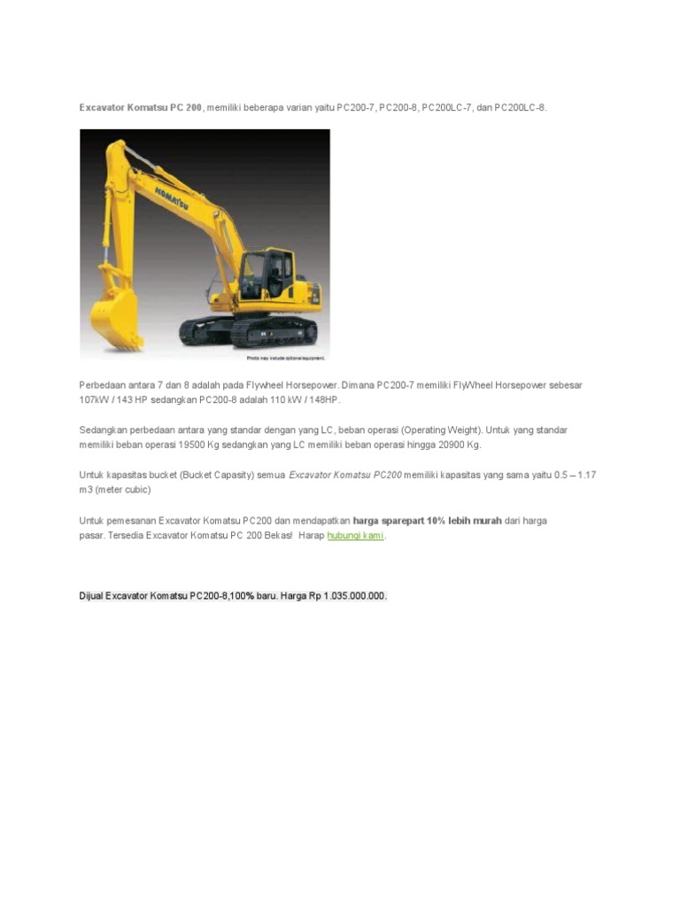 Spesifikasi Excavator Komatsu PC 200 | PDF | Teknologi & Rekayasa