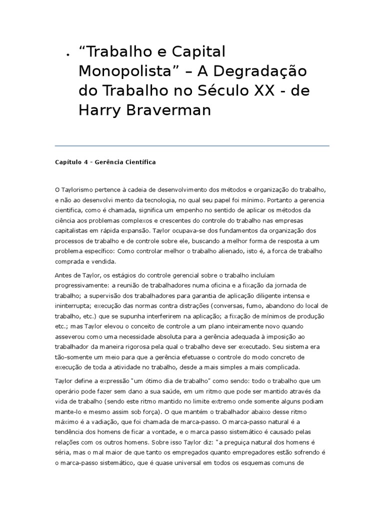 Trabalho e Capital Monopolista - Harry Braverman - Cap 4 e 5 | PDF ...