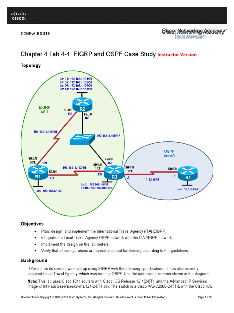 Ccnpv6 Route Lab4-4 Eigrp Ospf Case Study Instructor | PDF | Cisco Systems | Router (Computing)