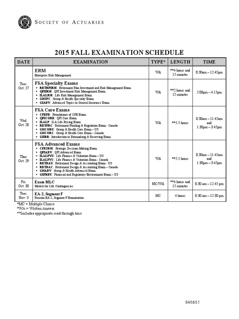2015 FSA Exam Schedule and Dates | PDF