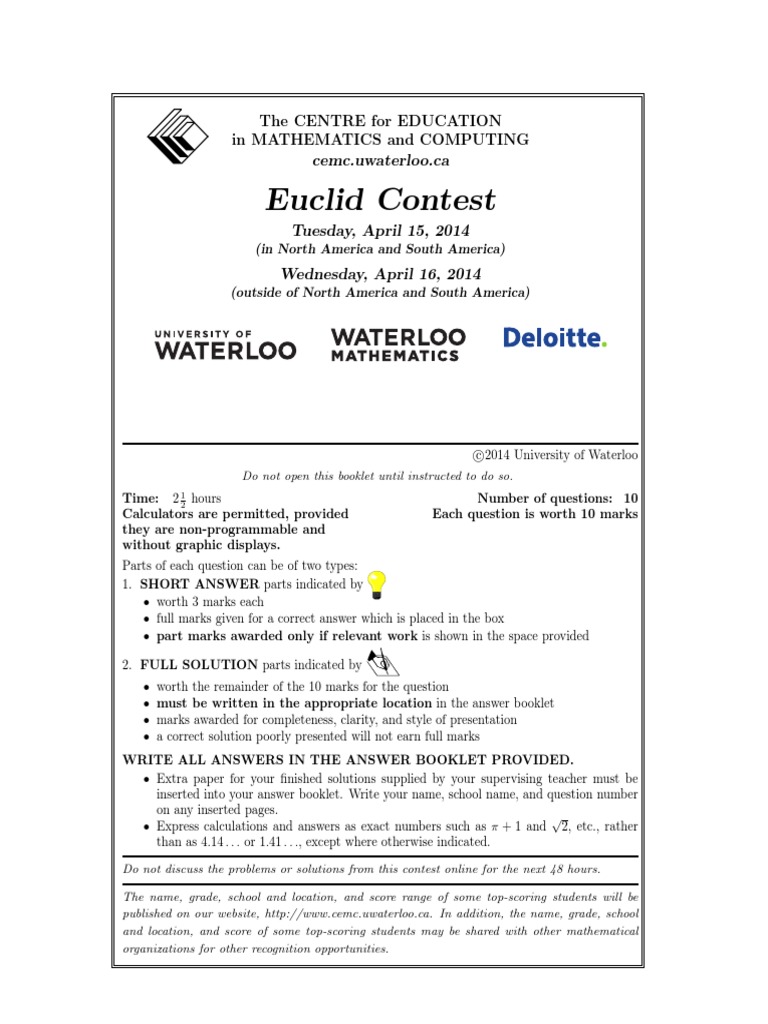 Euclid Combined Contest (CMC) | PDF | Sine | Triangle