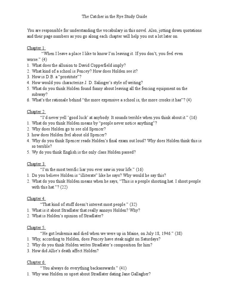 Catcher in the Rye Study Guide Questions | PDF | Leisure
