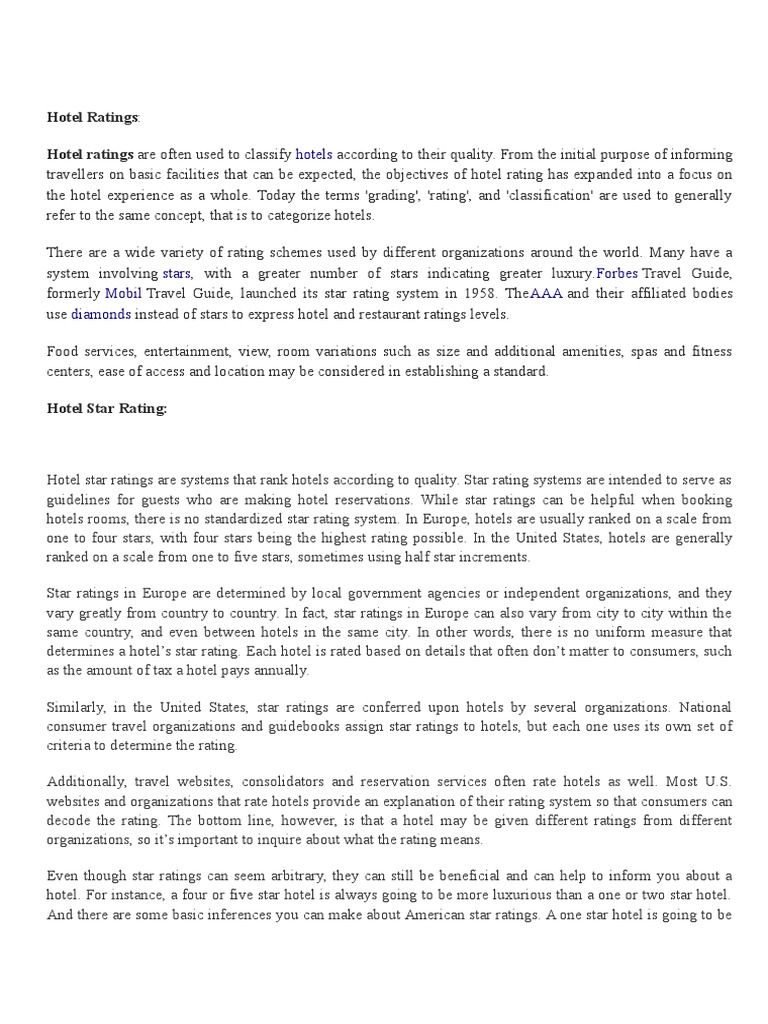 Hotels: Hotel Ratings: Hotel Ratings Are Often Used To Classify | PDF ...