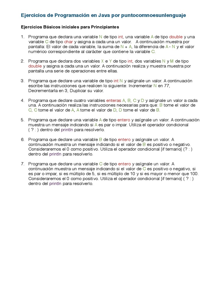 Ejercicios de Programación en Java Por Puntocomnoesunlenguaje | PDF ...
