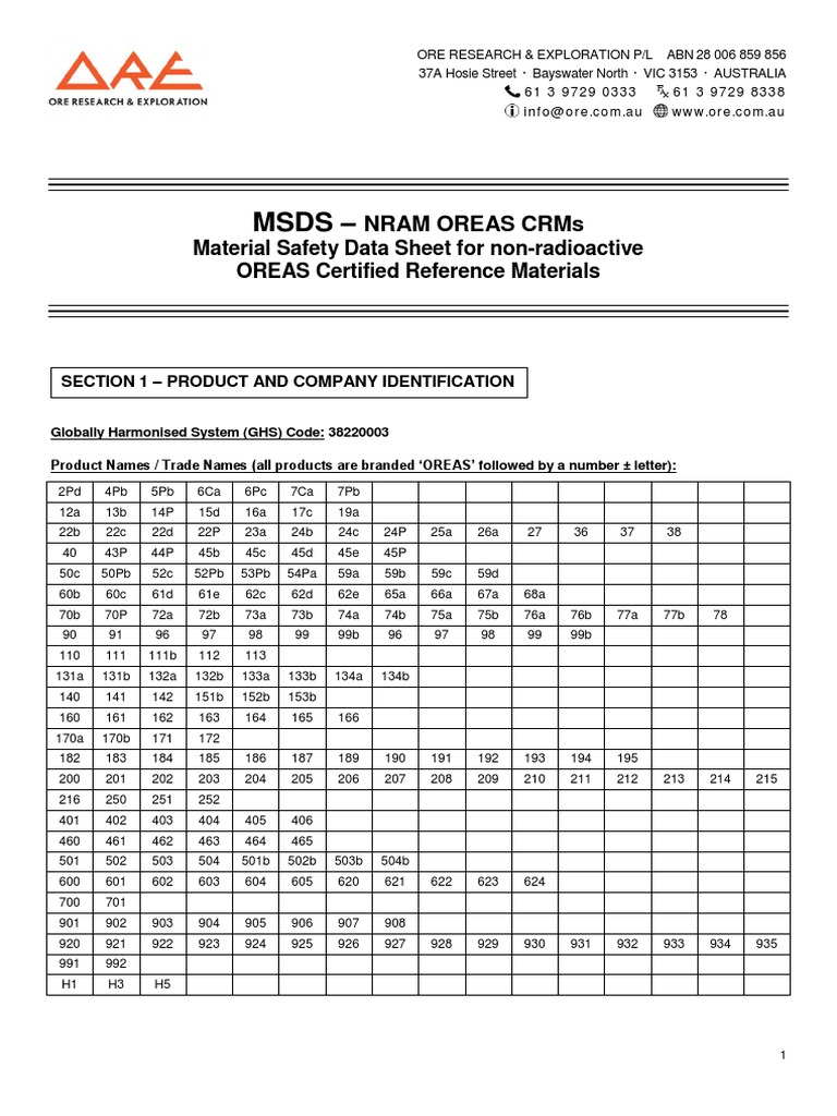 Msds-Oreas (Nram) | PDF | Silicon Dioxide | Hazardous Waste