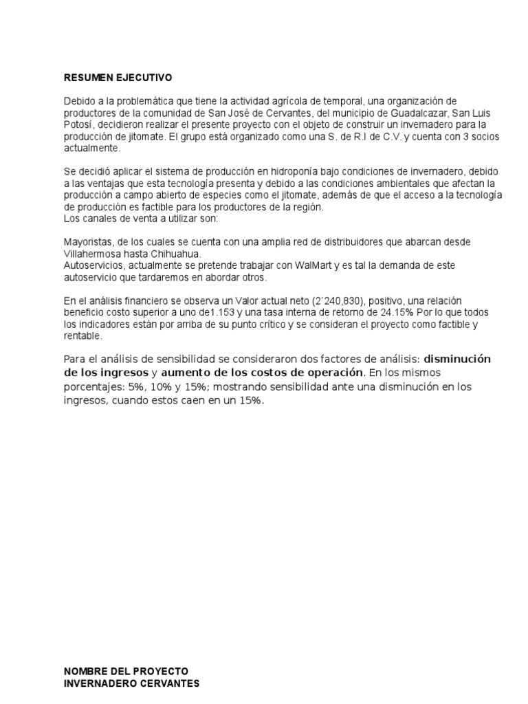 RESUMEN EJECUTIVO Invernadero | PDF | Hidroponia | Tomate RESUMEN EJECUTIVO Invernadero | PDF | Hidroponia | Tomate