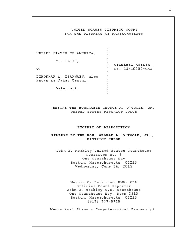 Remarks of George A. O'Toole JR., U.S. District Judge in Dzhokhar ...