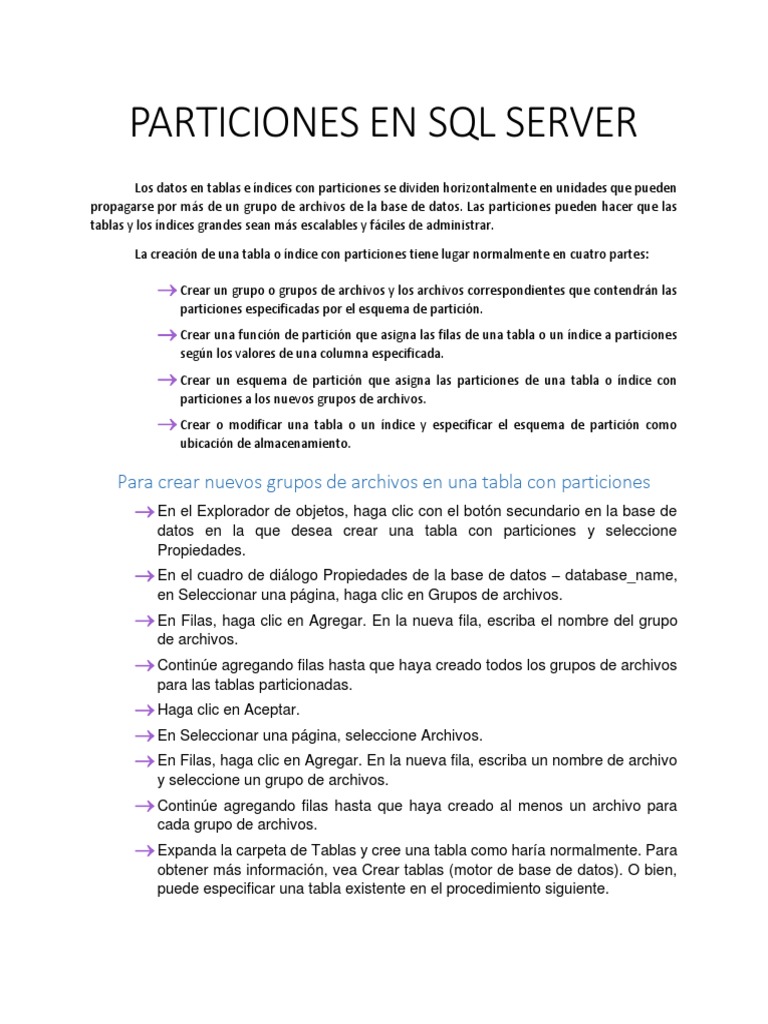 Particiones en SQL Server | PDF | Tabla (base de datos) | Servidor SQL ...