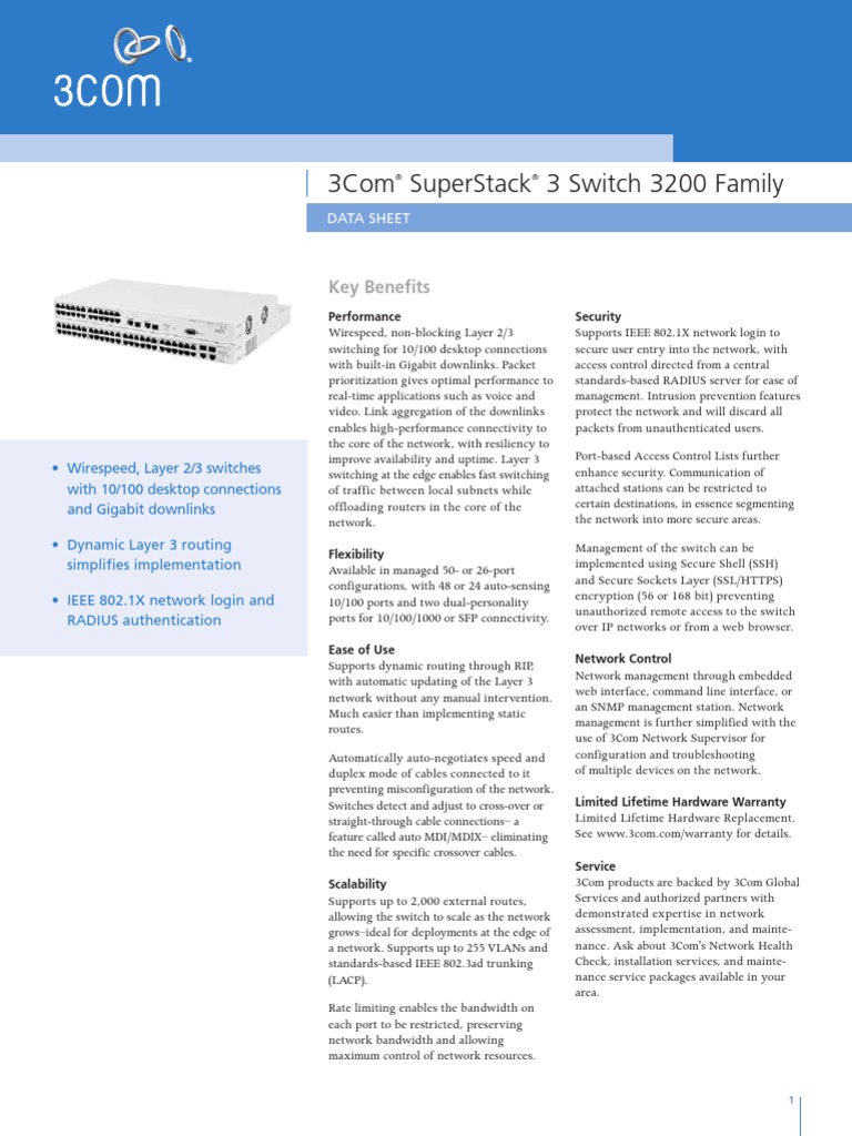 3com Superstack 3 Switch 3200 Family: Key Benefits | PDF | Network Switch | Computer Network
