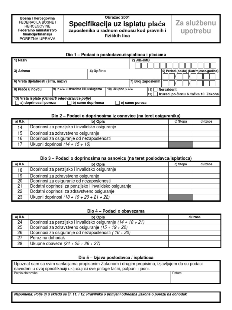Obrazac 2001 Za Objavu Bos | PDF
