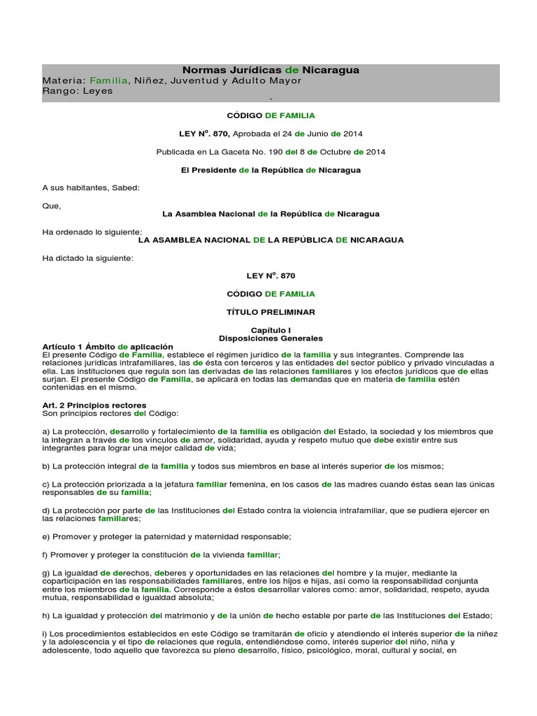 Codigo de Familia - Ley 870 | PDF
