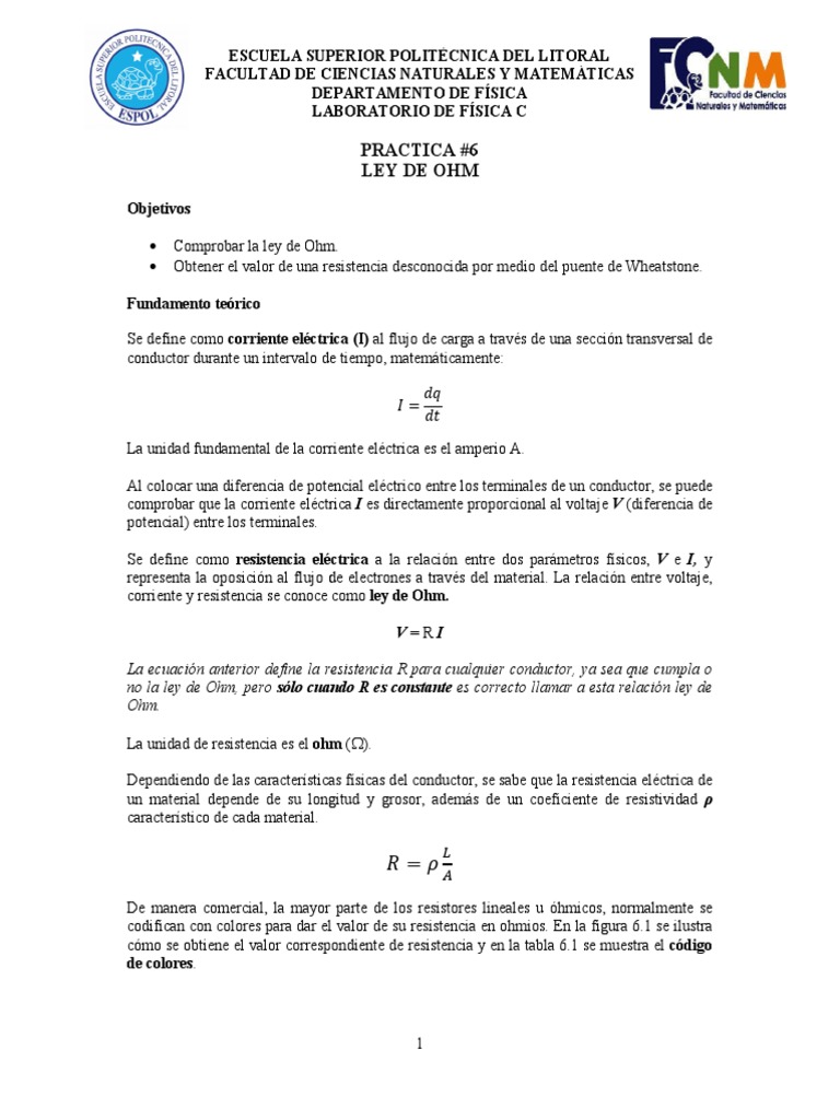 Ley De Ohm Laboratorio De Fisica C Espol Pdf Resistencia 3375