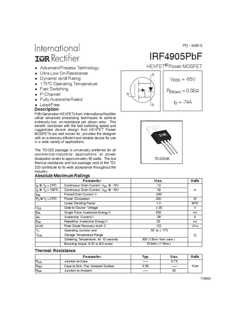 Irf 4905 PBF | PDF | Field Effect Transistor | Electrical Engineering