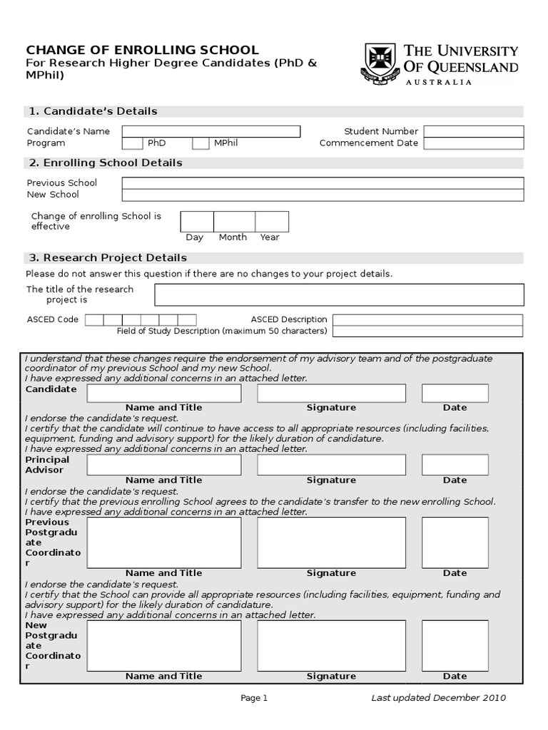 Change of Enrolling School: For Research Higher Degree Candidates (PHD ...