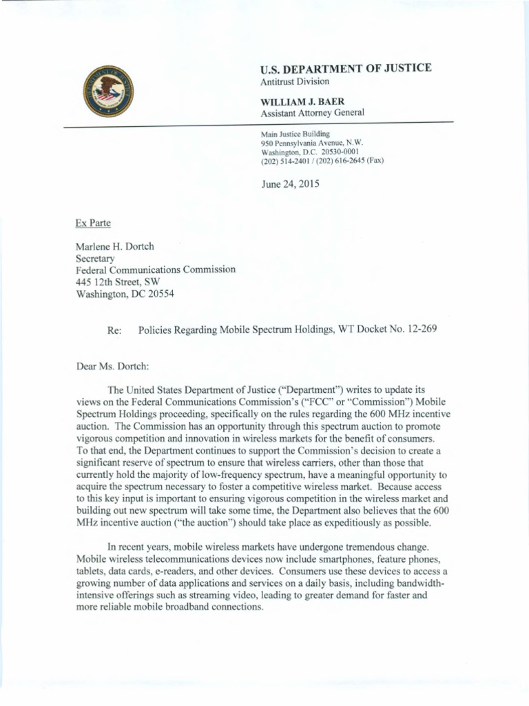 DOJ Letter To FCC Re: Spectrum Auction | PDF | Federal Communications ...