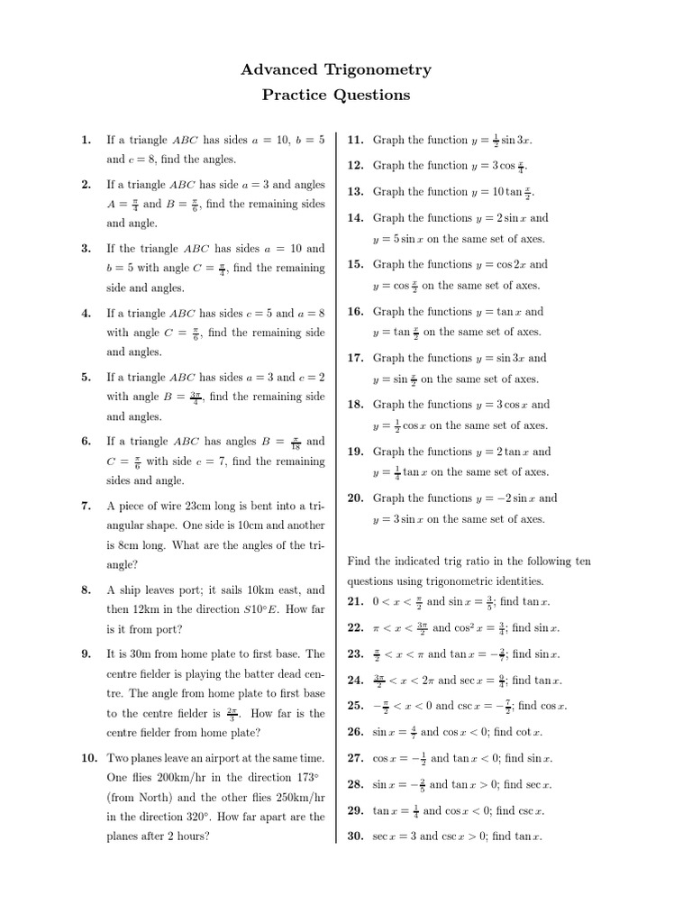 Advanced Trigonometry Practice Questions | PDF | Sine | Trigonometric ...