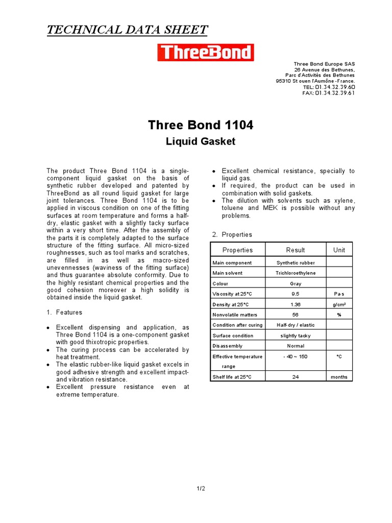 Technical Data Sheet: Three Bond 1104 | PDF | Liquids | Viscosity