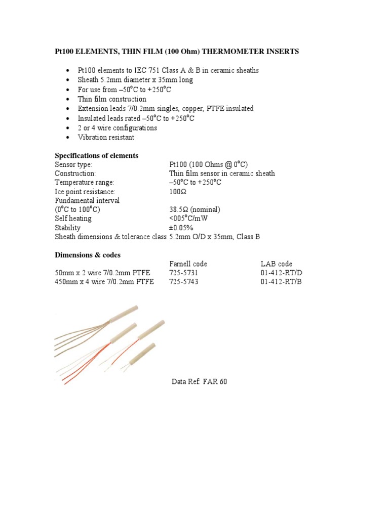 Pt100 Elements, Thin Film (100 Ohm) Thermometer Inserts | PDF