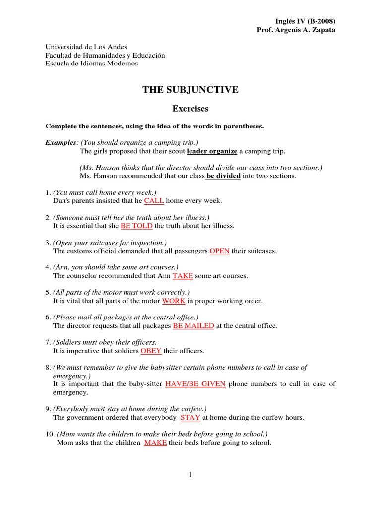 The Subjunctive Exercise (Answers) | PDF | Language Arts & Discipline