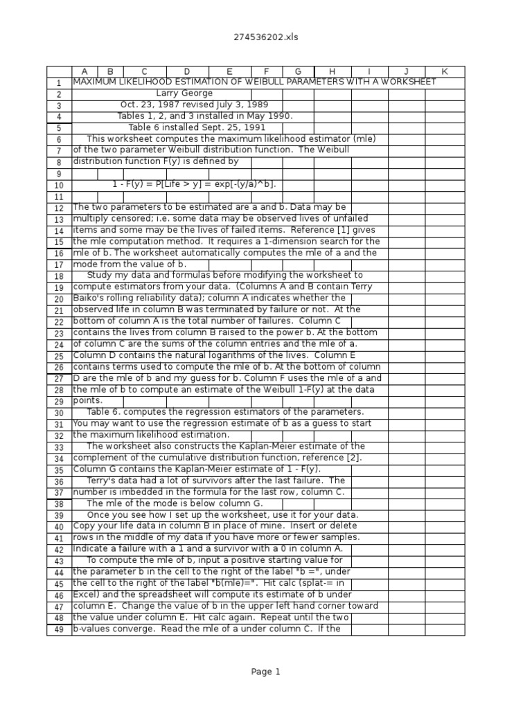 Maximum Likelihood Estimation of Weibull Parameters Worksheet | PDF ...